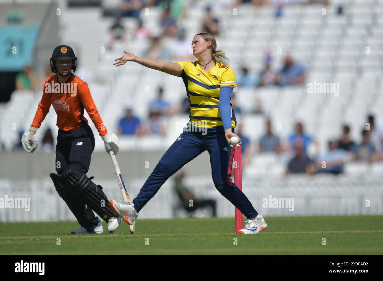 London, England. 2nd Jun 2024. Tiley Corteen-Coleman bowls during the Charlotte Edwards Cup ...