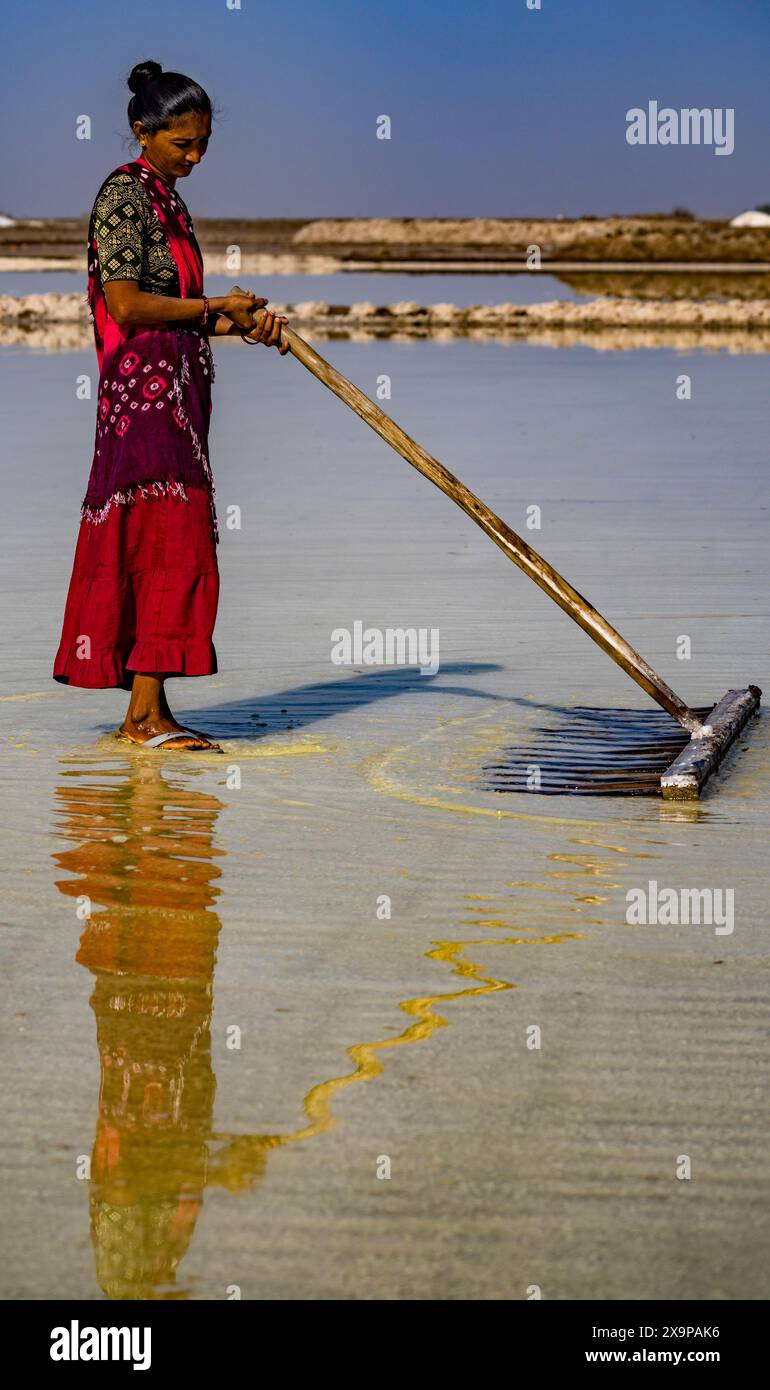 Woman in vibrant attire manually collecting salt from a reflective salt ...