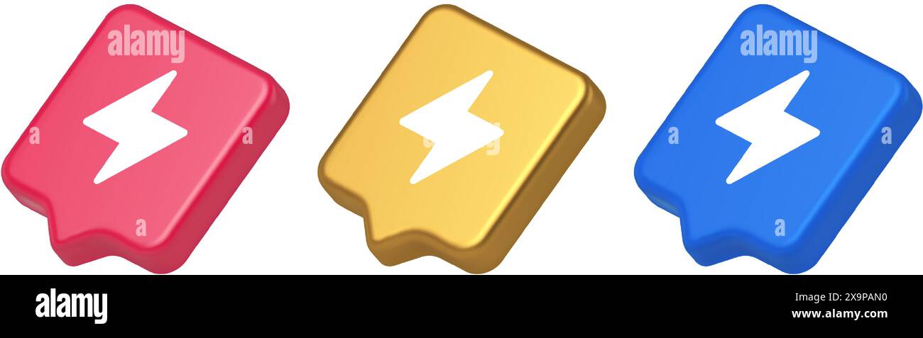 Charge power lightning button electricity thunderbolt arrow 3d realistic speech bubble blue gold ...