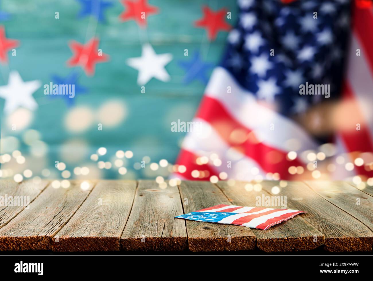 4th of July Independence Day background. Empty wooden plank table with ...