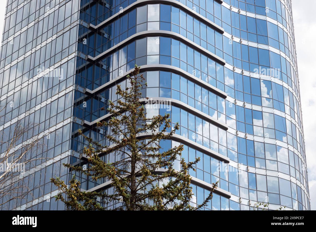 The image shows a tall building with numerous windows, towering over a ...