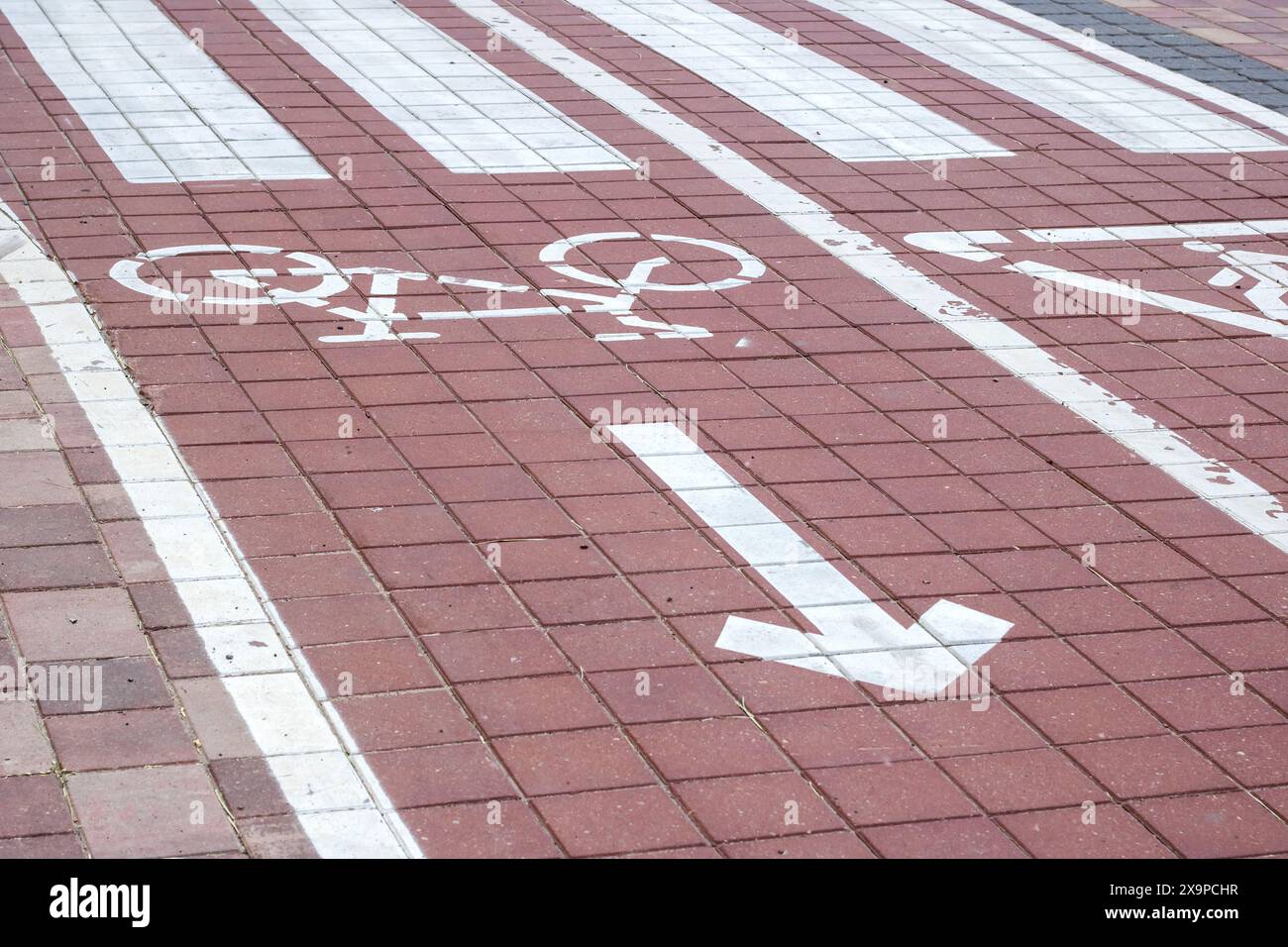 The image shows a white arrow on a bicycle lane, indicating a right ...