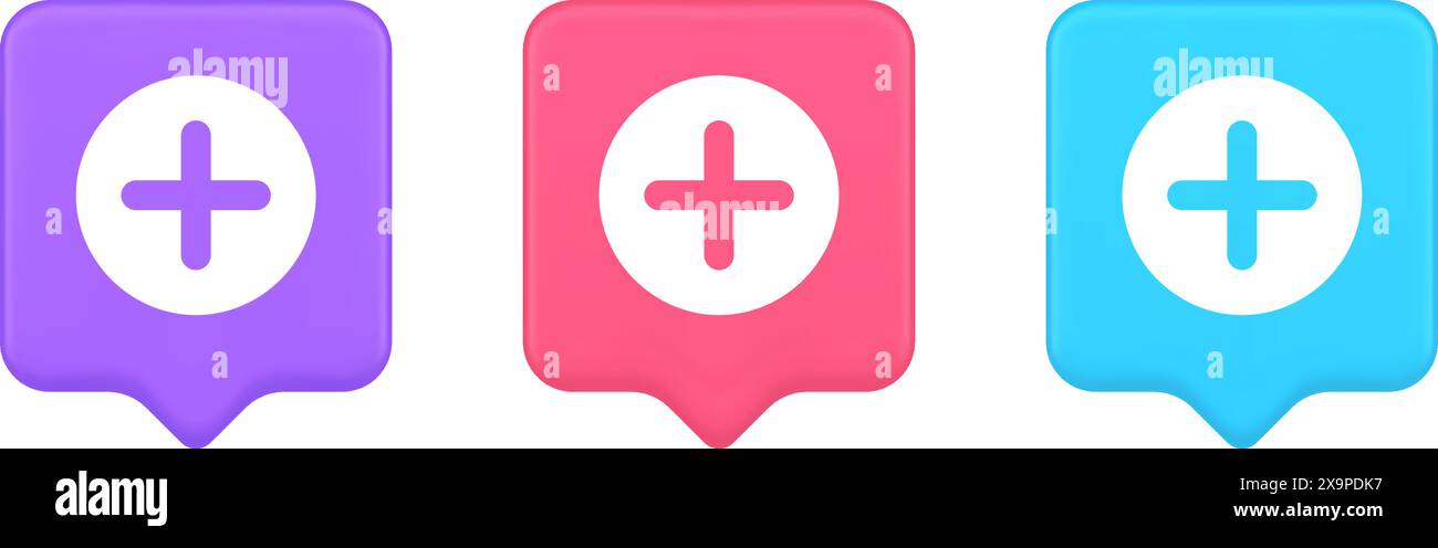 Plus add button mathematical addition symbol 3d realistic speech bubble pink blue and purple ...