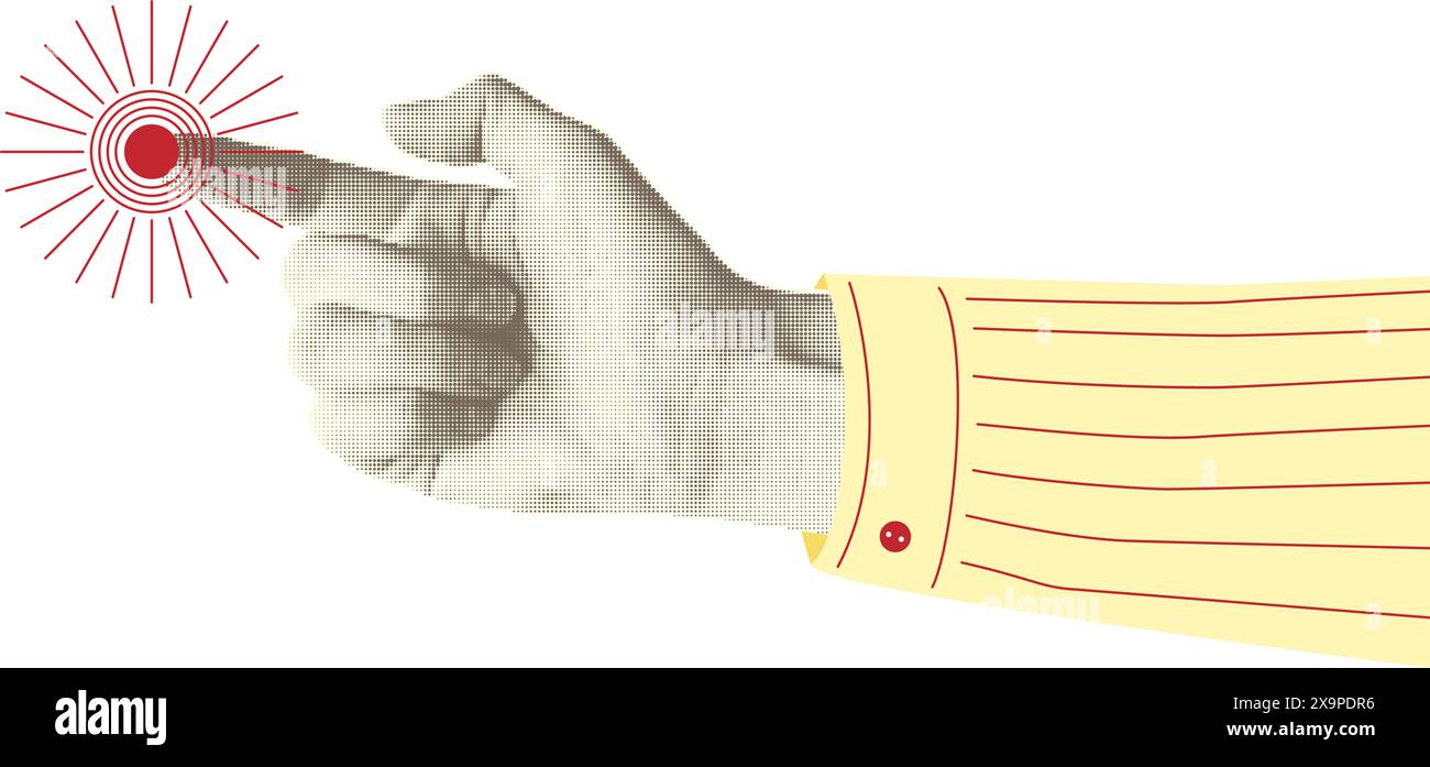 Collage halftone elements with pointing hands and doodle buttons ...