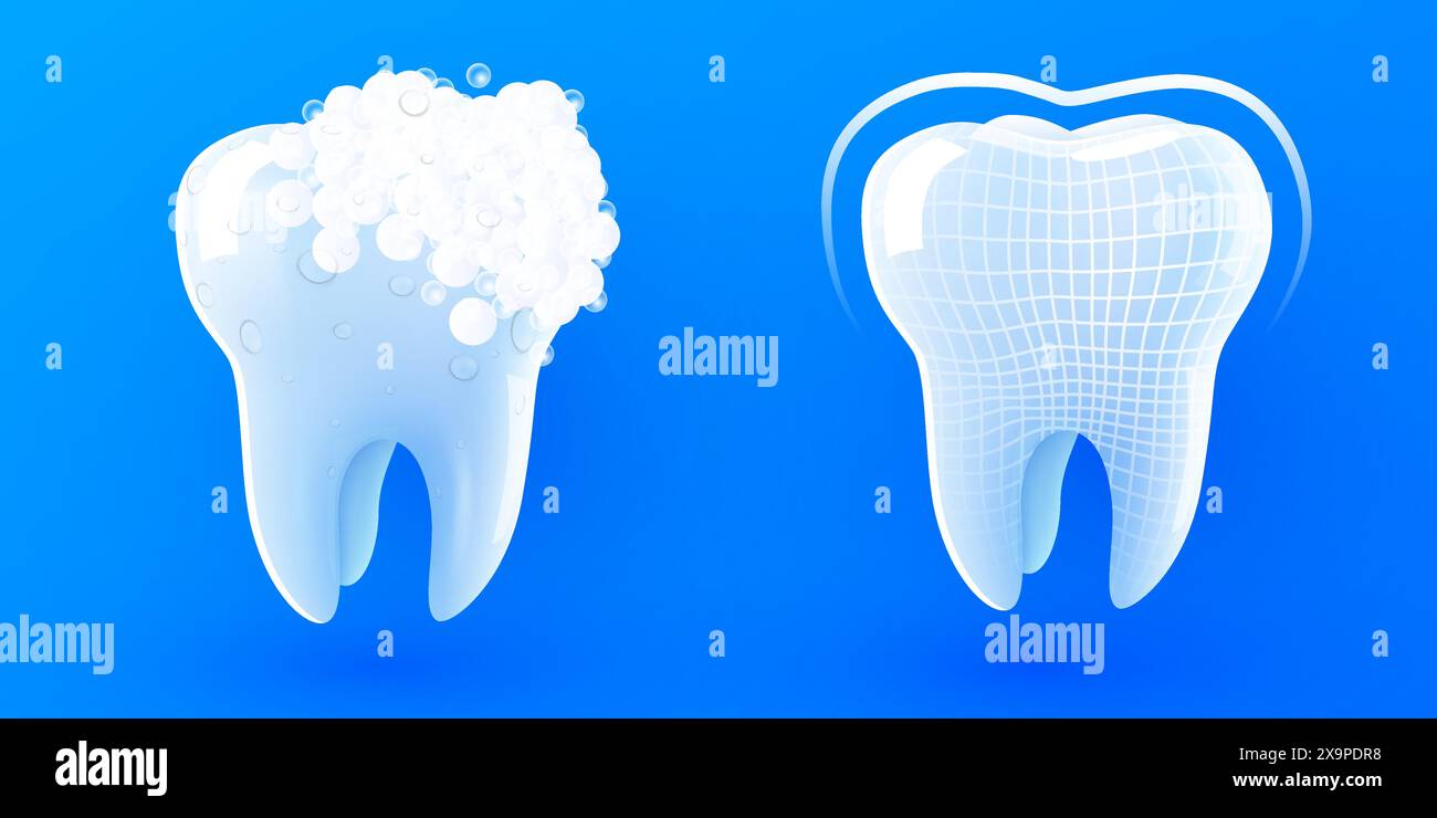 3d realistic vector healthy glowing tooth. Toothpaste foam and ...