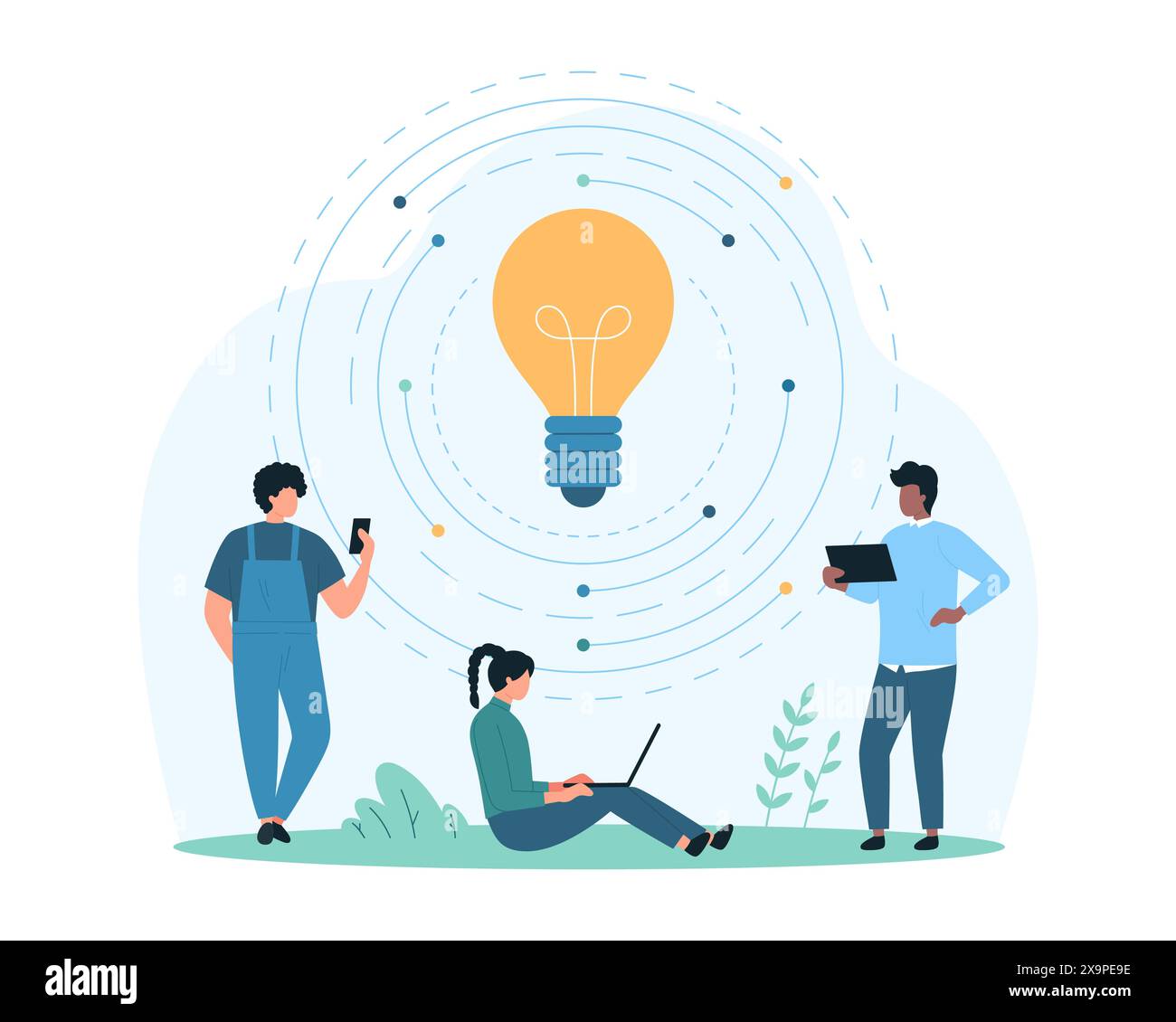 Business strategy with digital ideas and innovations. Tiny people think ...