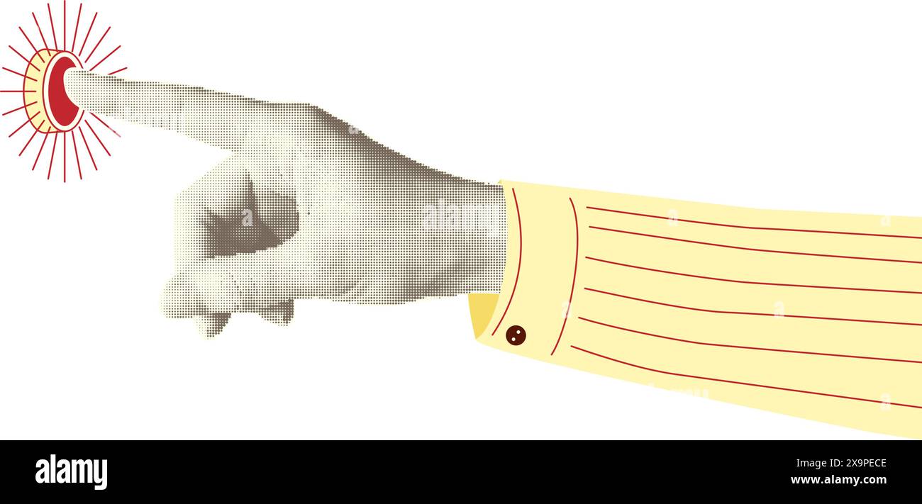 Collage halftone elements with pointing hands and doodle buttons ...