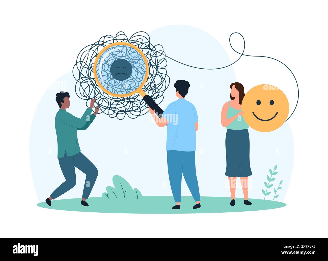 Mental health problem, psychotherapy. Tiny people study messy chaos of ...