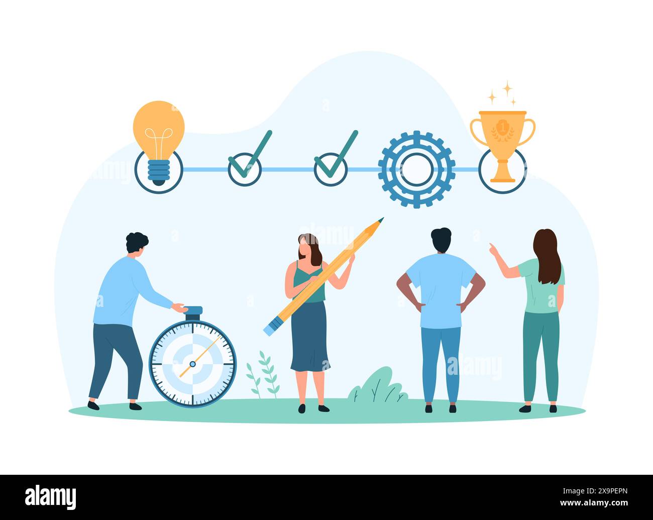 Task organization with infographic timeline chart. Tiny people with ...