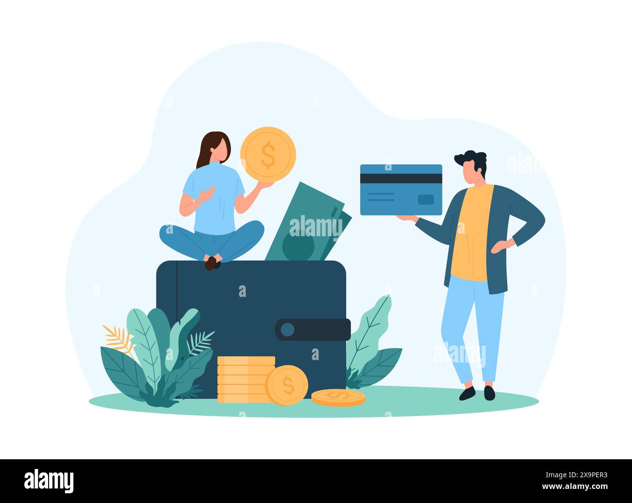 Payment and savings, family budget management. Tiny people with credit ...