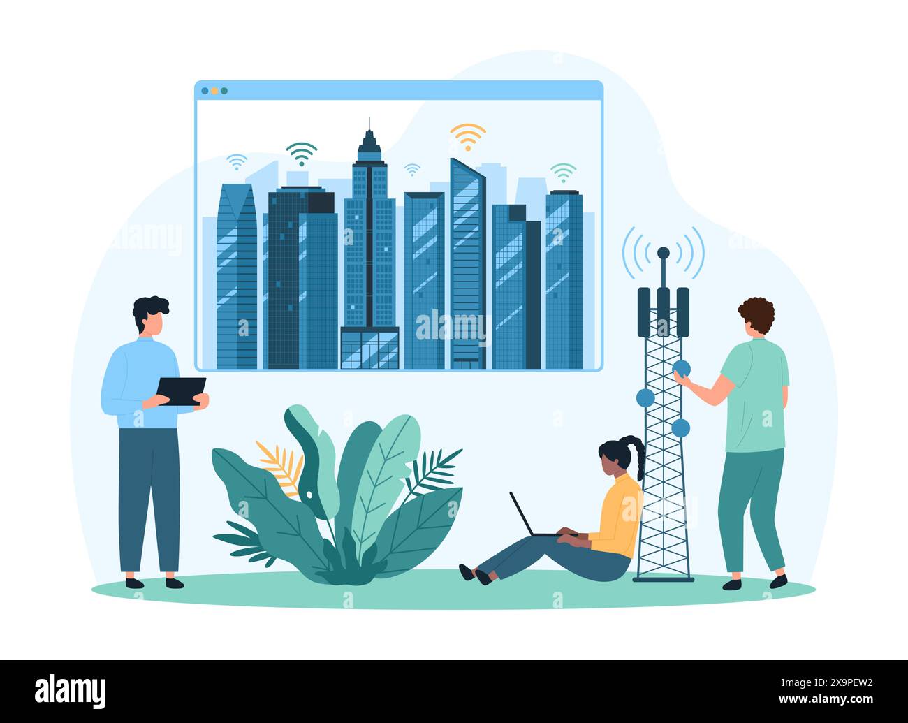 Smart city of future with buildings and 5G base station tower. Tiny ...