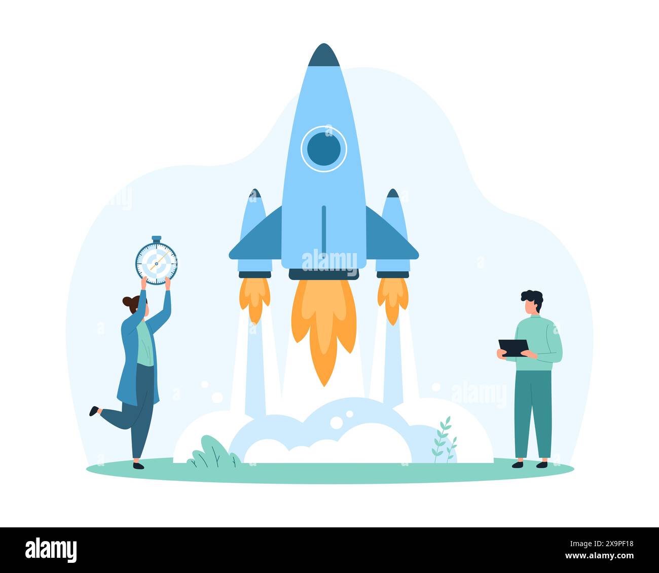 Creative business startup, success entrepreneurship and investment. Tiny people launch rocket ...