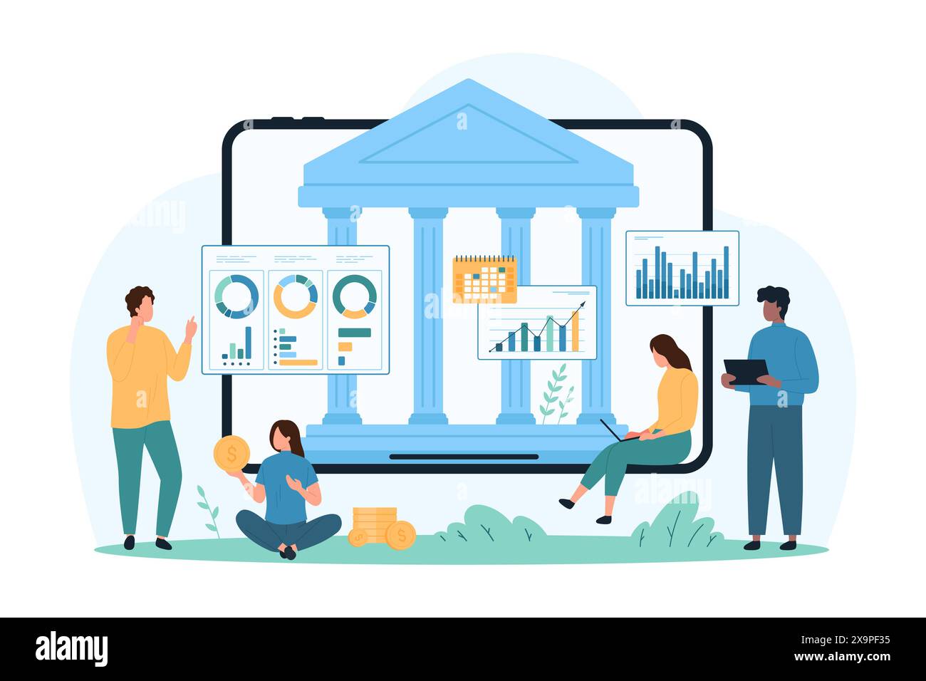 Banking mobile app for financial data analysis. Tiny people analyze digital graphs and diagrams ...