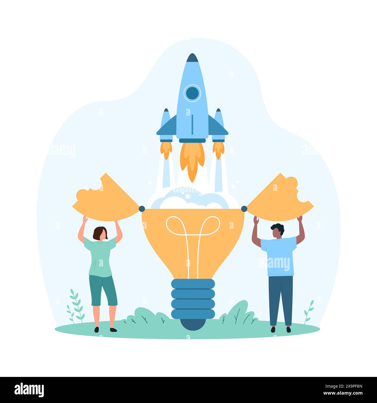 Project development and new creative idea implementation. Tiny people open light bulb with ...