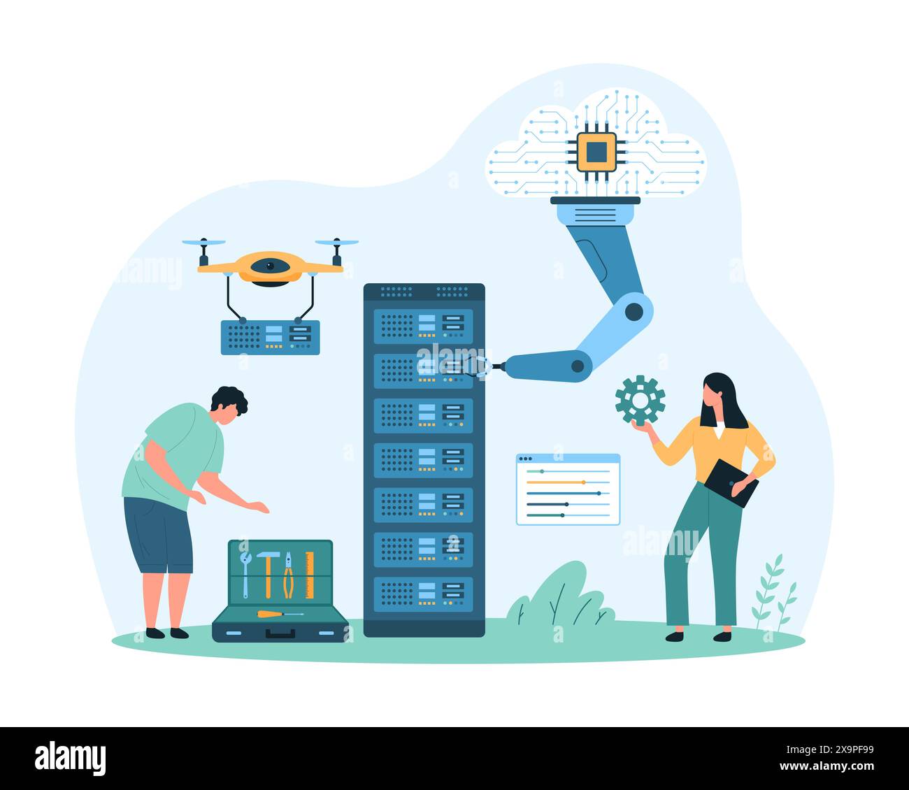 Data center development with AI, machine learning. Tiny people and robotic arm construct server ...