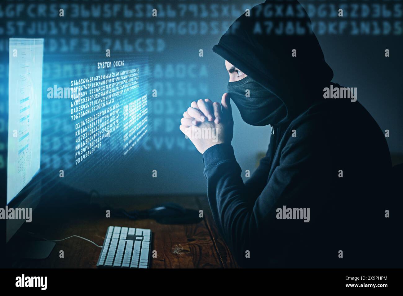 Cybercrime, hacker and thinking at computer for virus, overlay and futuristic at desk. Male ...