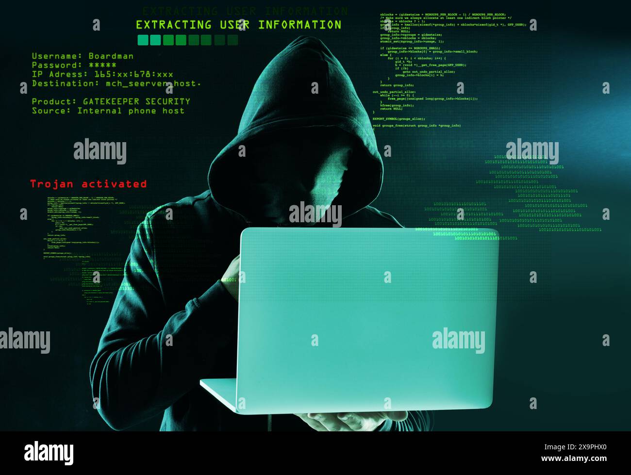 Person, laptop and portrait on dark background for hacking, phishing ...
