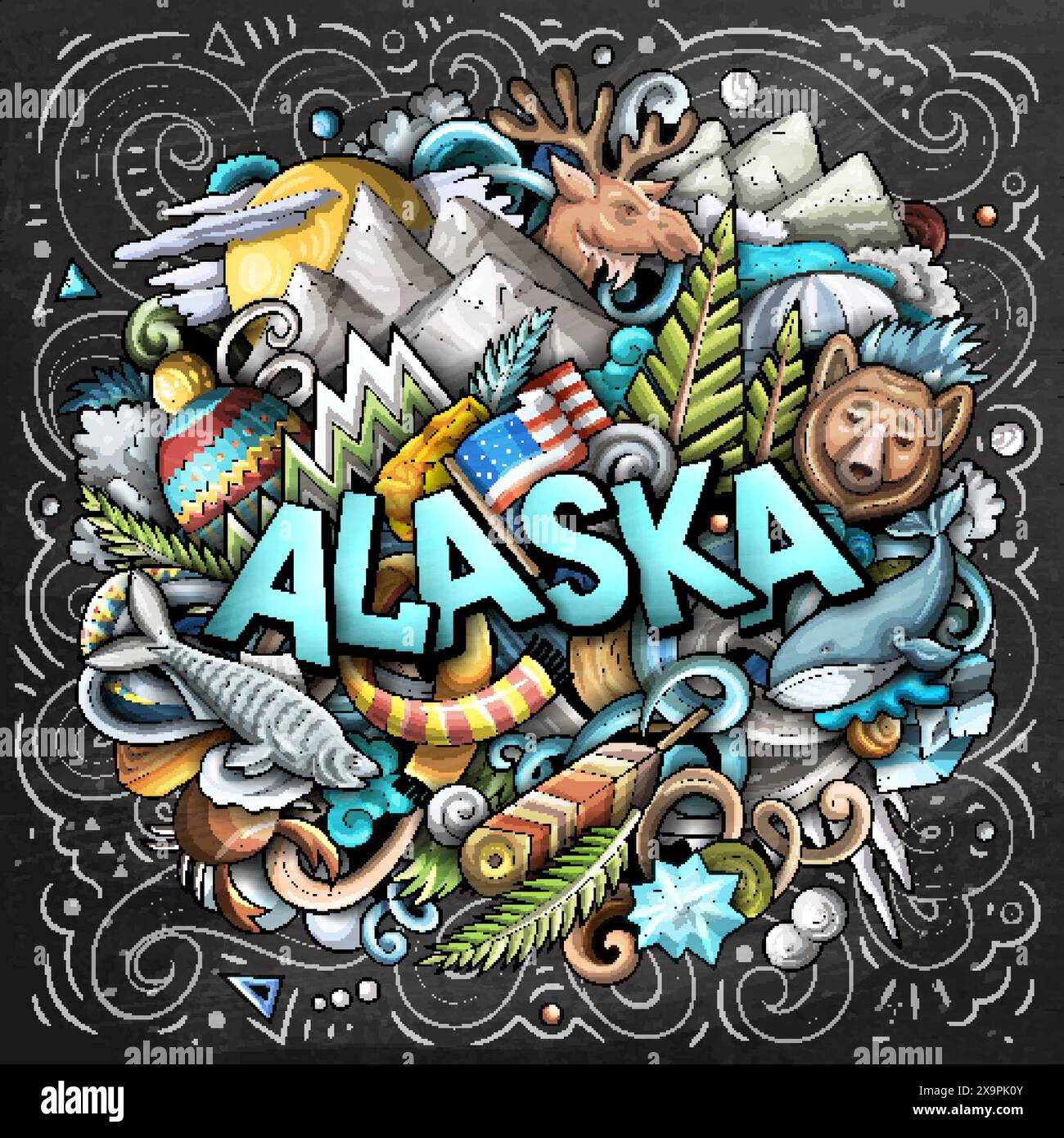 Alaska hand drawn cartoon doodle illustration. Funny USA State design ...
