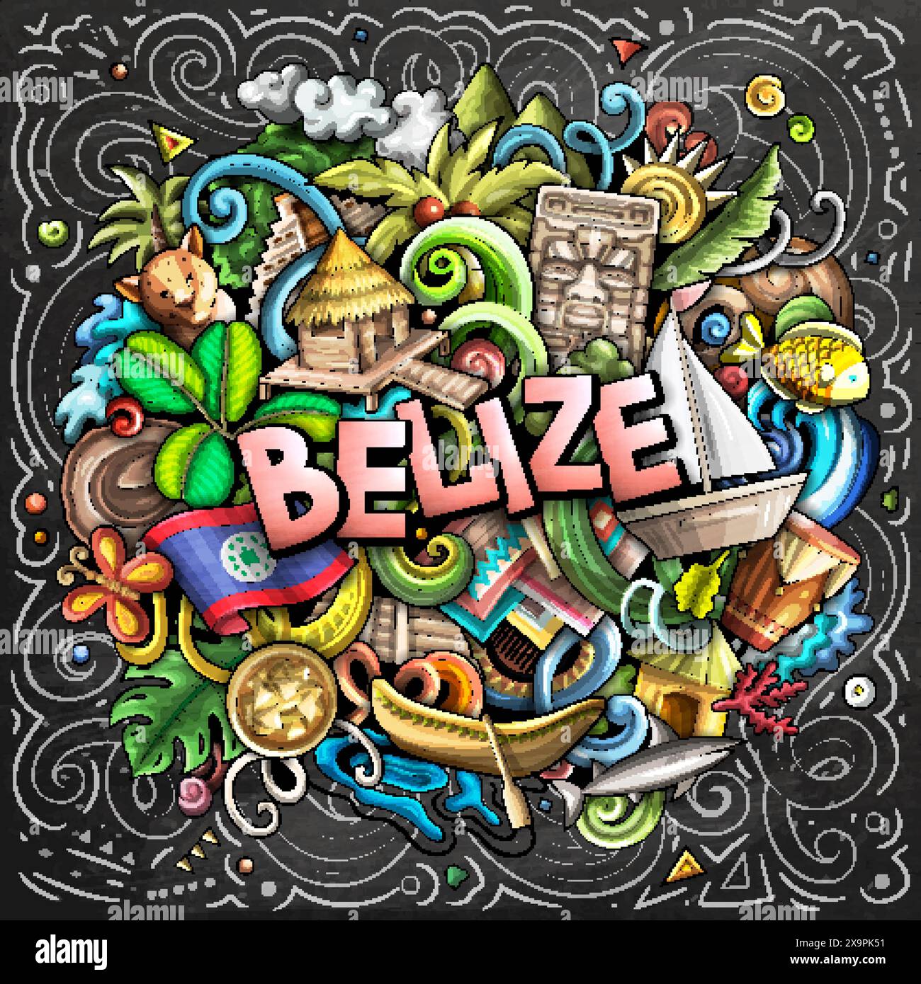 Vector funny doodle illustration with Belize theme. Vibrant and eye ...
