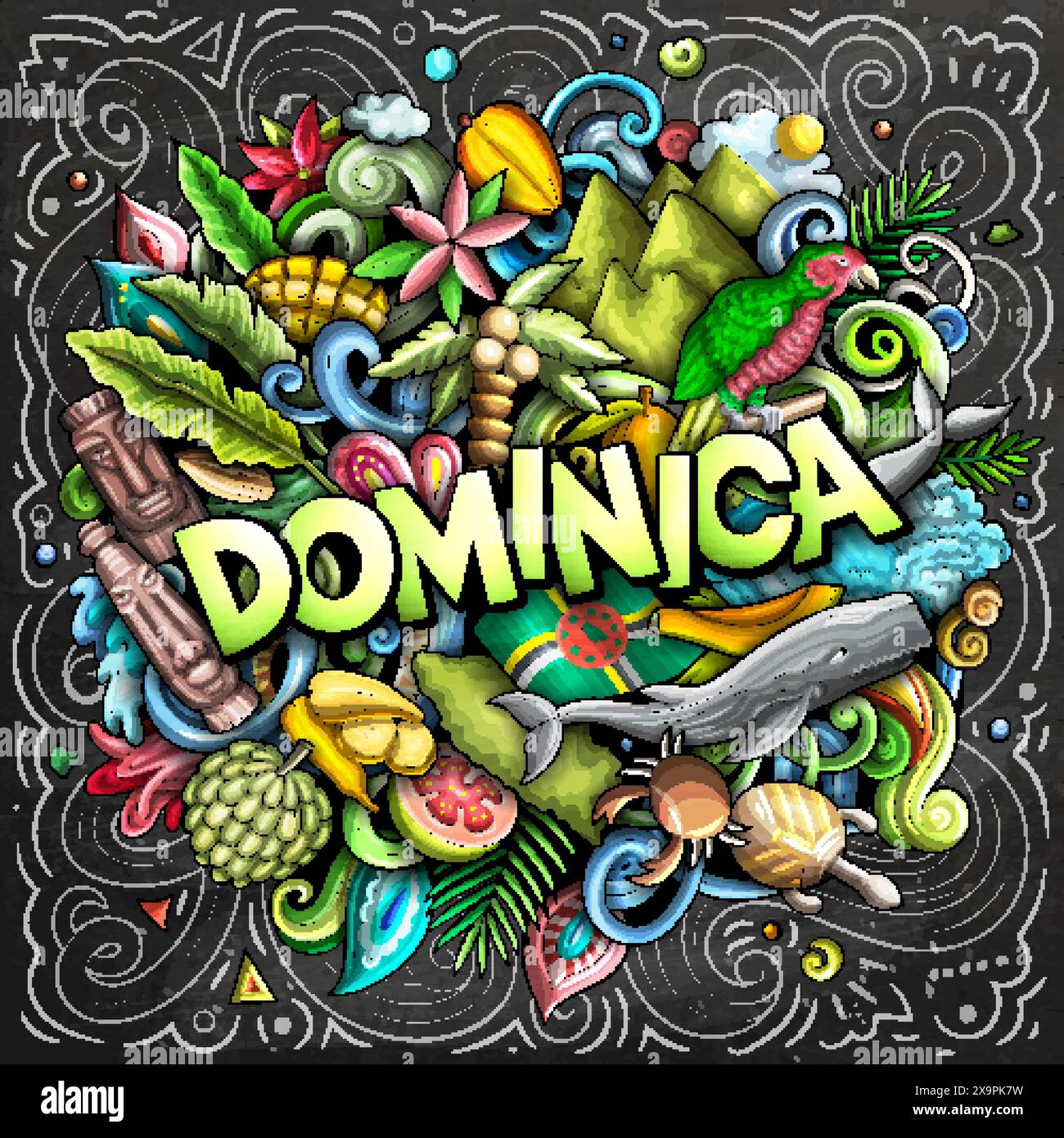 Vector funny doodle illustration with Dominica theme. Vibrant and eye ...