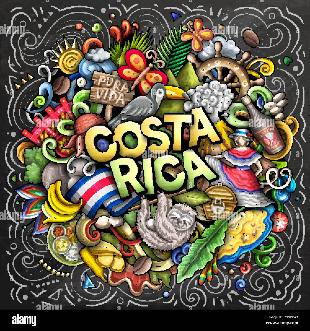 Vector funny doodle illustration with Costa Rica theme. Vibrant and eye ...