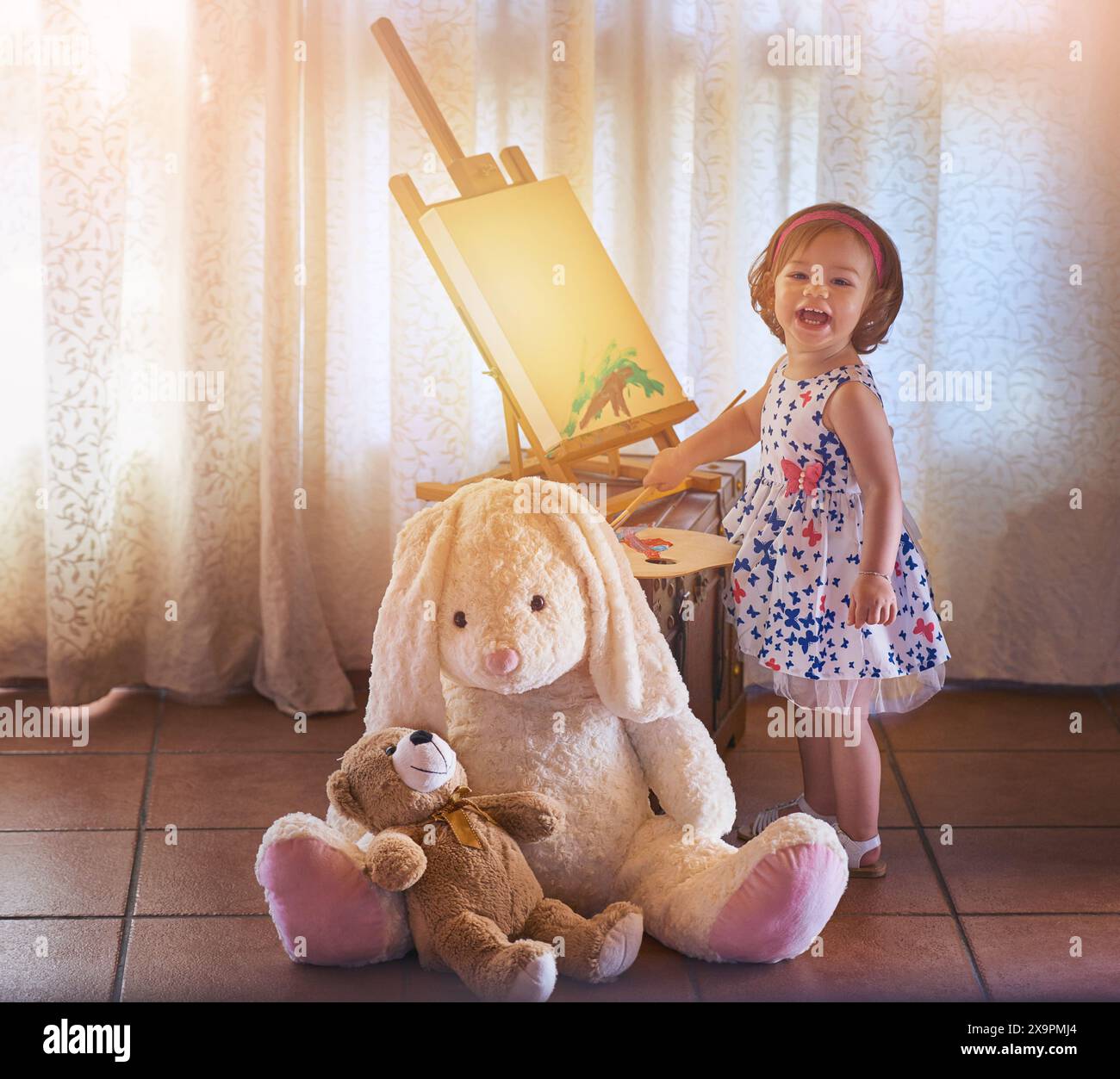 Portrait, child and painting in bedroom with teddy bear for development ...