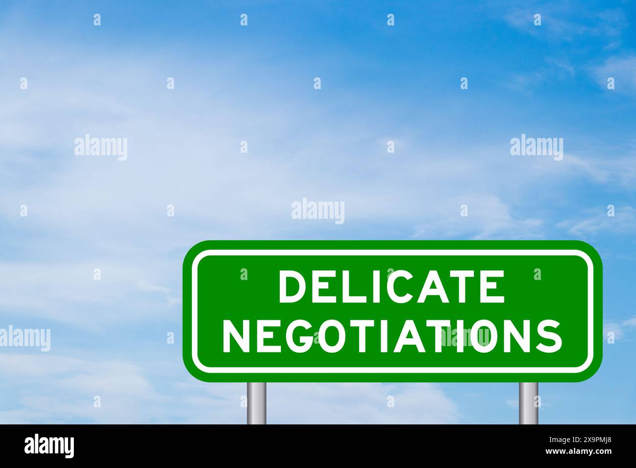 Green color transportation sign with word delicate negotiations on blue ...