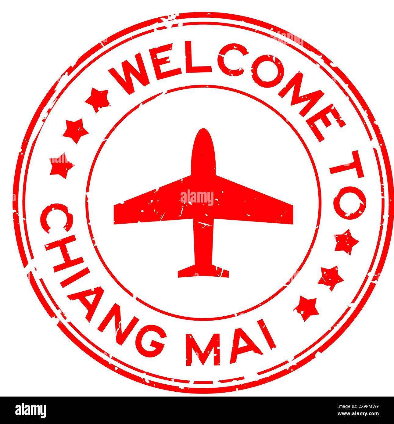 Grunge red welcome to chiang mai with airplane icon round rubber seal ...
