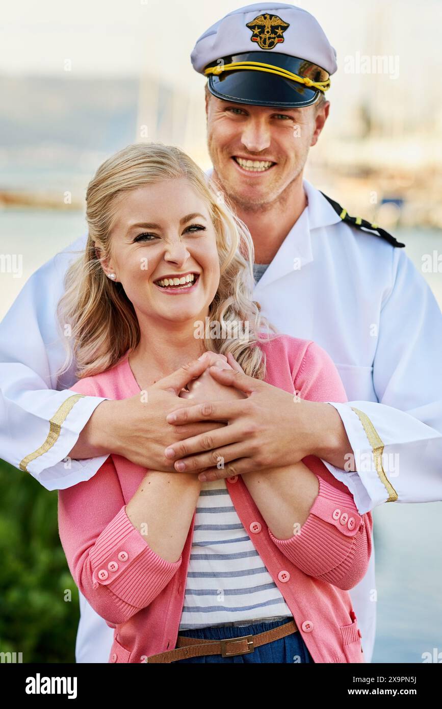 Portrait, couple and love hug with uniform for navy seal, military hero ...