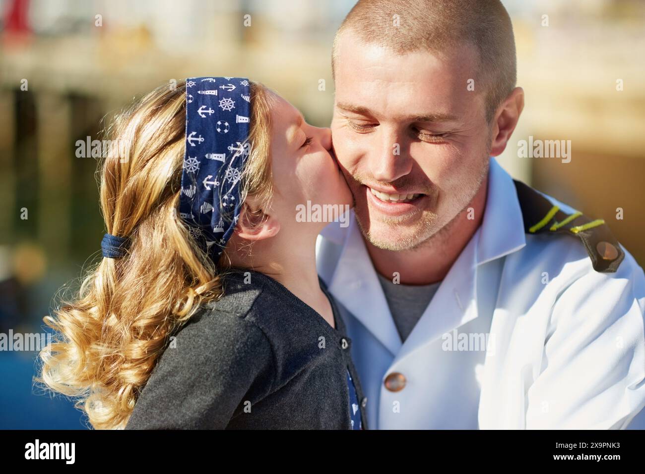 Kiss, child and father with uniform for love relationship, navy seal ...
