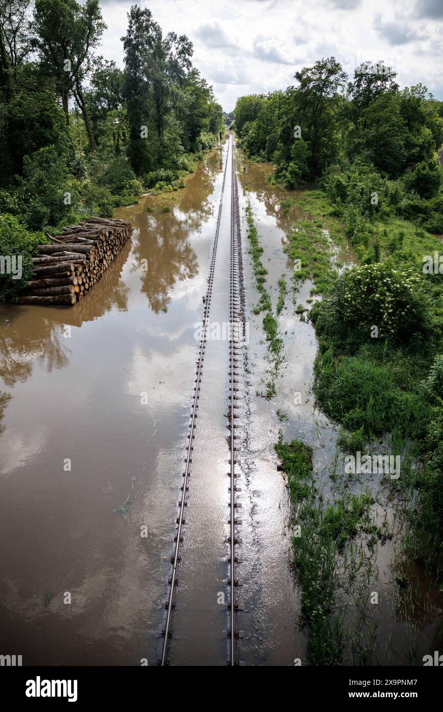 02 June 2024, Bavaria, Günzburg: A railroad line near the Danube bridge ...