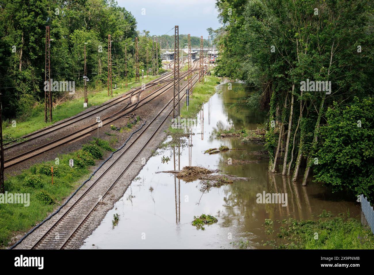 02 June 2024, Bavaria, Günzburg: A railroad line near the Danube bridge ...