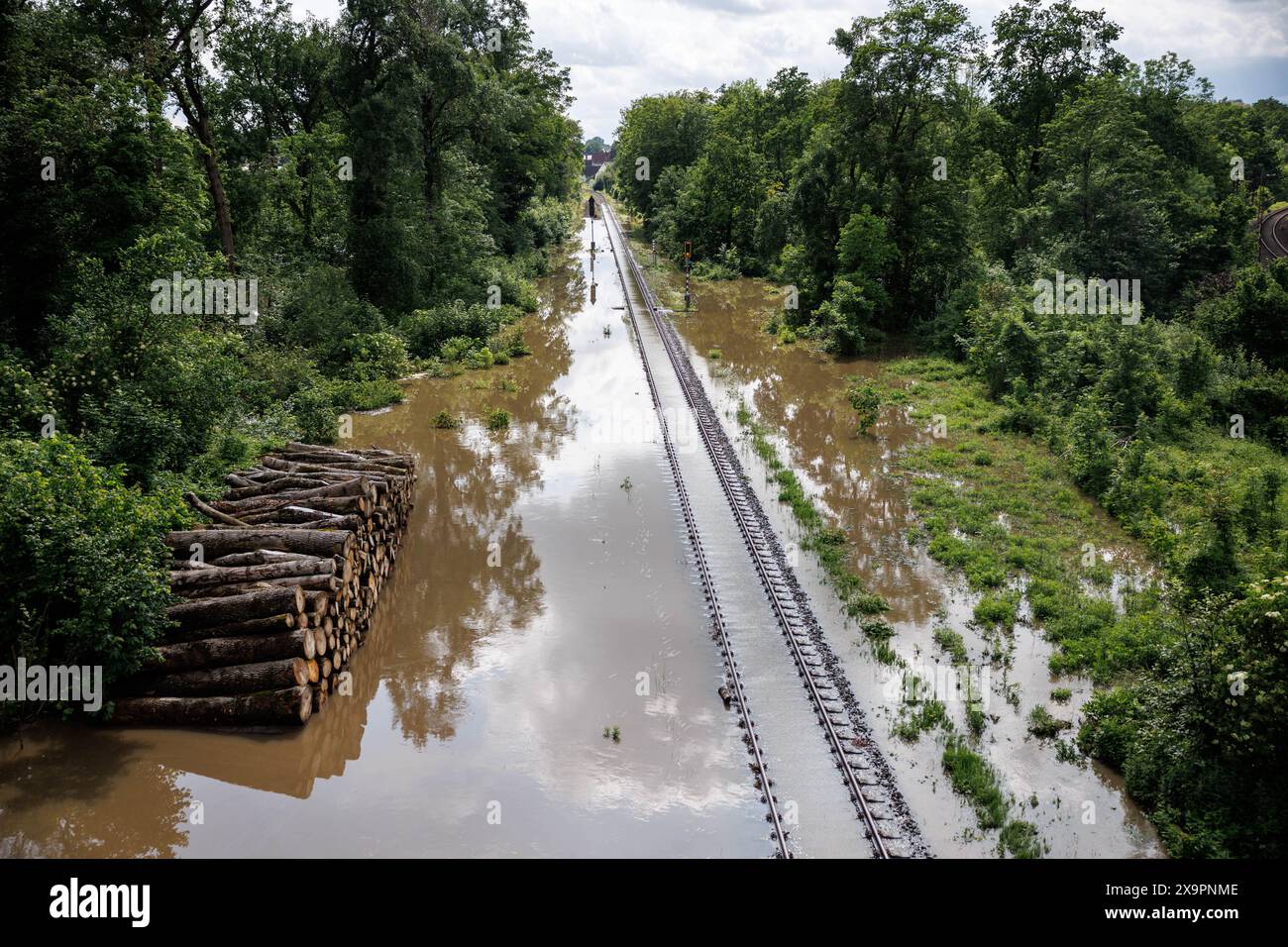 02 June 2024, Bavaria, Günzburg: A railroad line near the Danube bridge ...