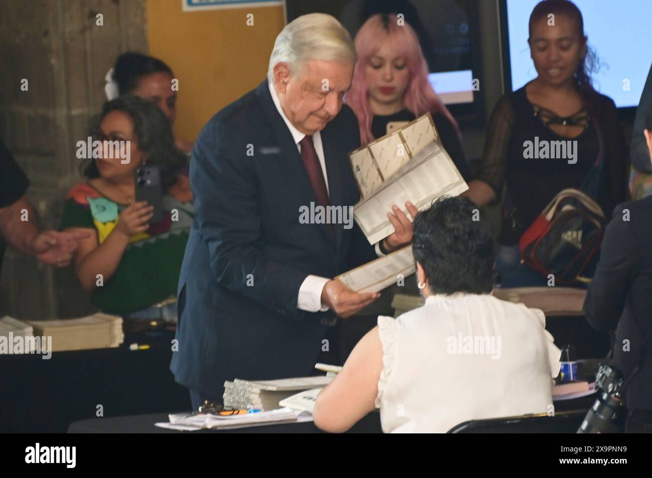 The President of Mexico, Andres Manuel Lopez Obrador, shows voting ...