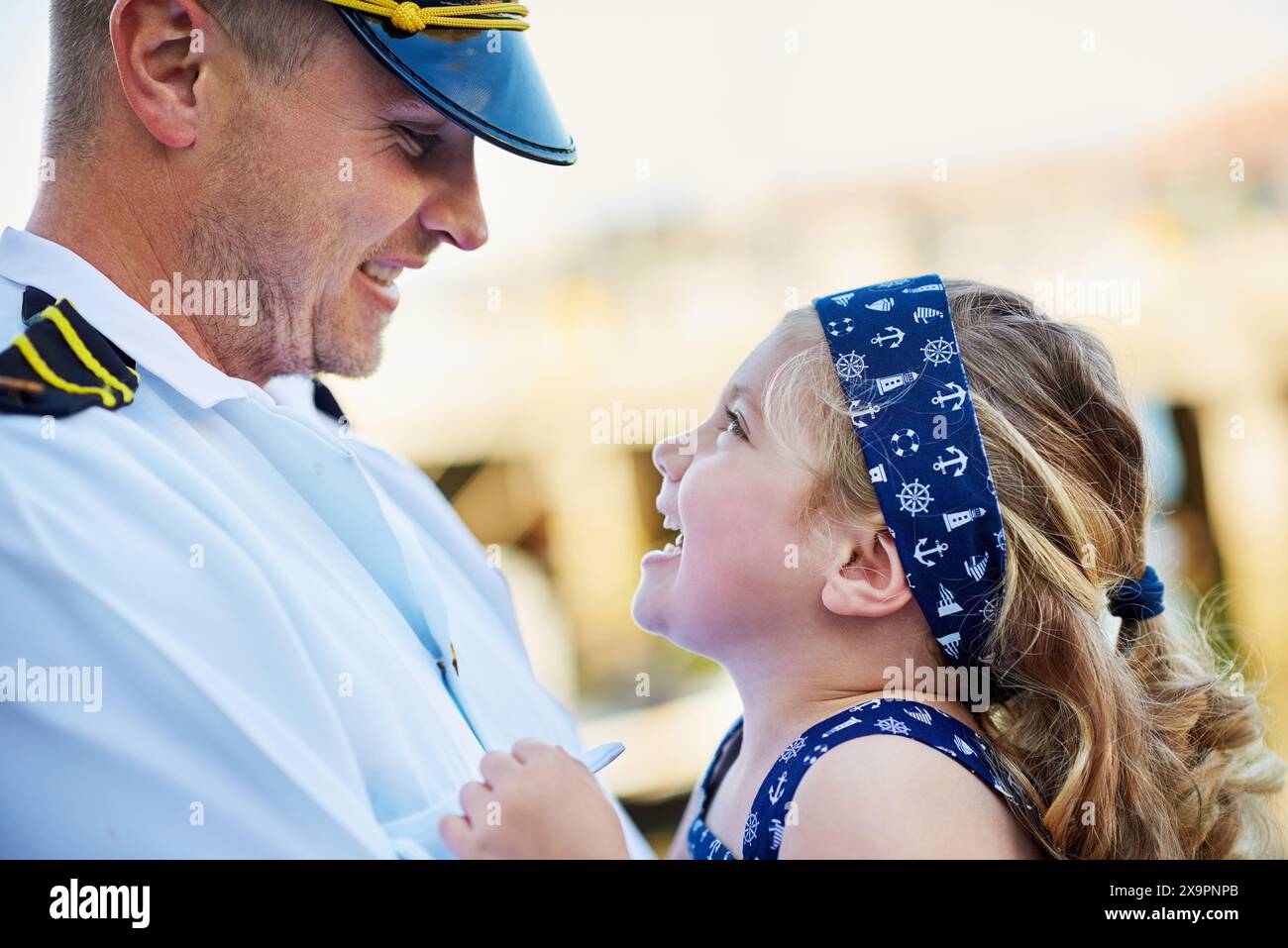 Happiness, uniform and father carry girl with love, patriotic service ...