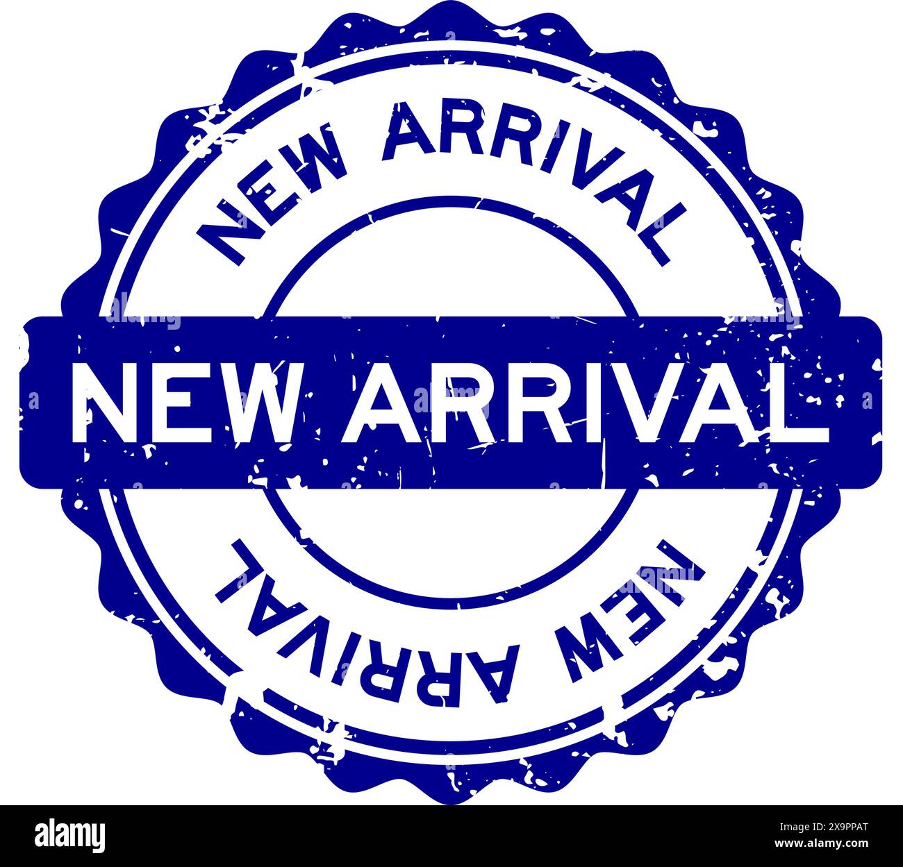 Grunge blue new arrival word round rubber seal stamp on white ...