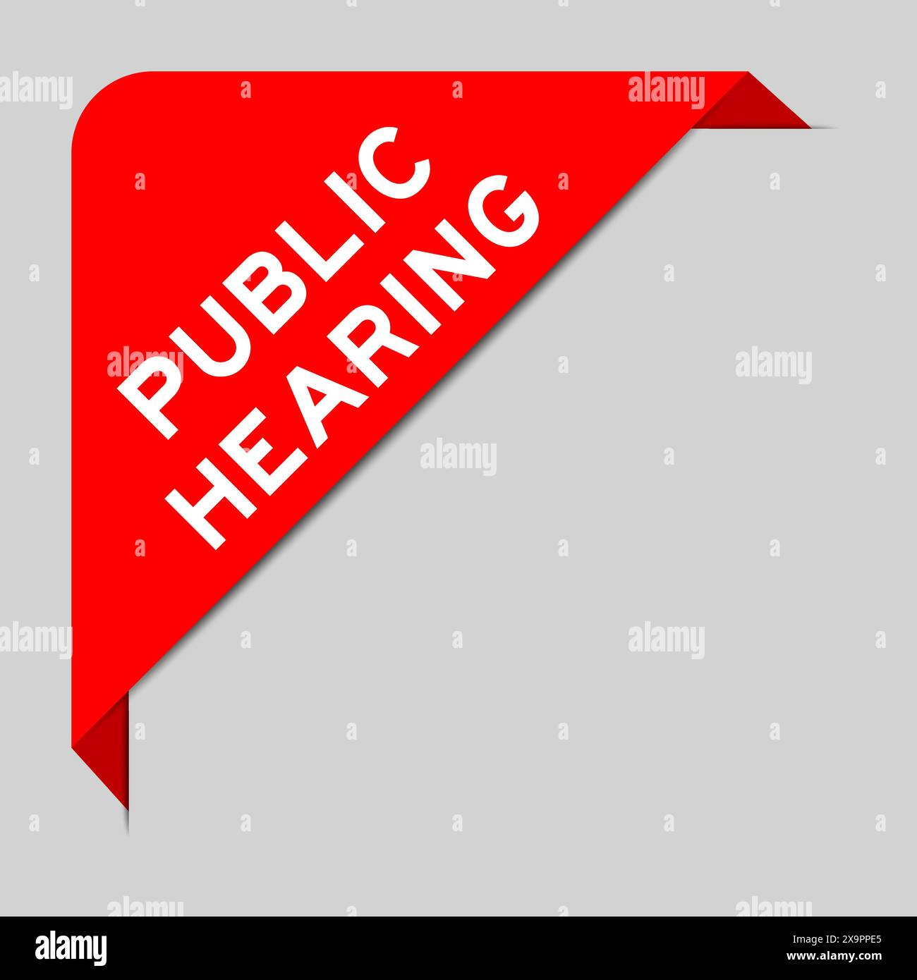Red color of corner label banner with word public hearing on gray ...
