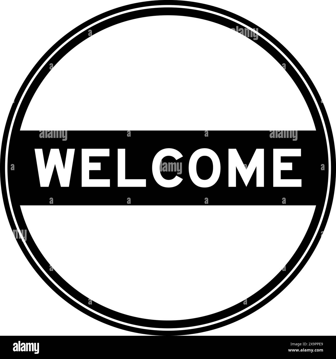 Black color round seal sticker in word welcome on white background ...