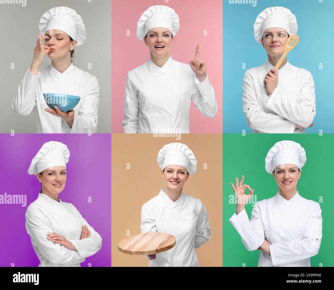 Collage with photos of professional chef on different color backgrounds ...