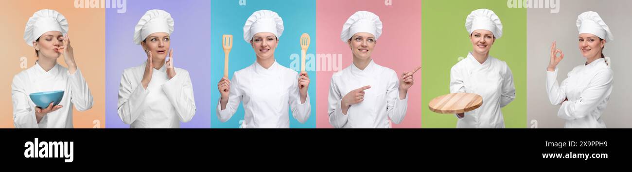 Collage with photos of professional chef on different color backgrounds ...