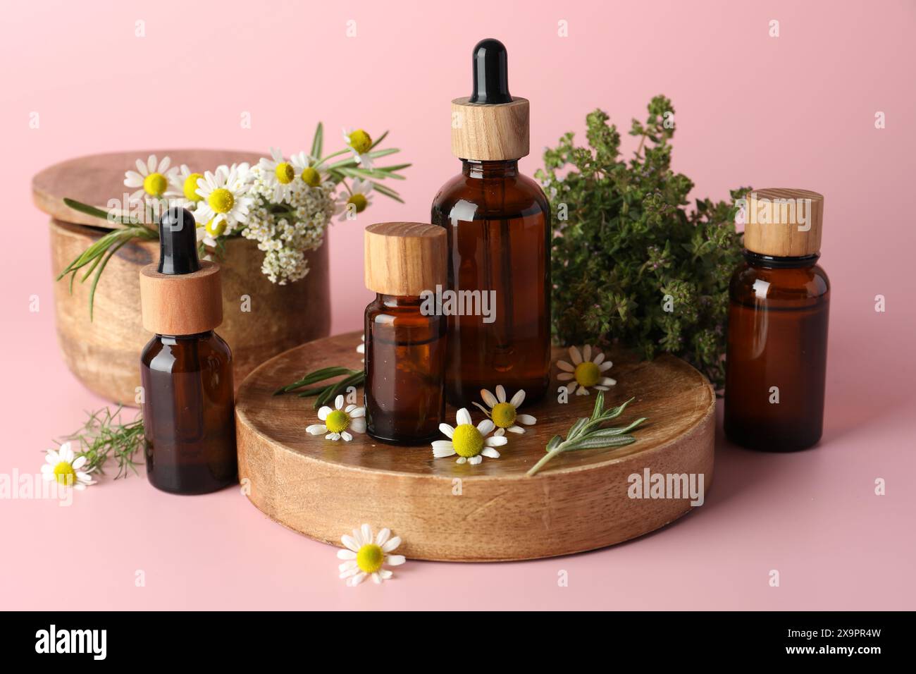 Aromatherapy. Different essential oils and flowers on pink background ...