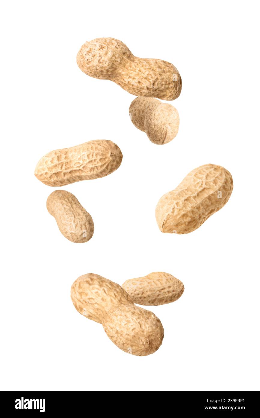 Unpeeled peanuts in air on white background Stock Photo - Alamy