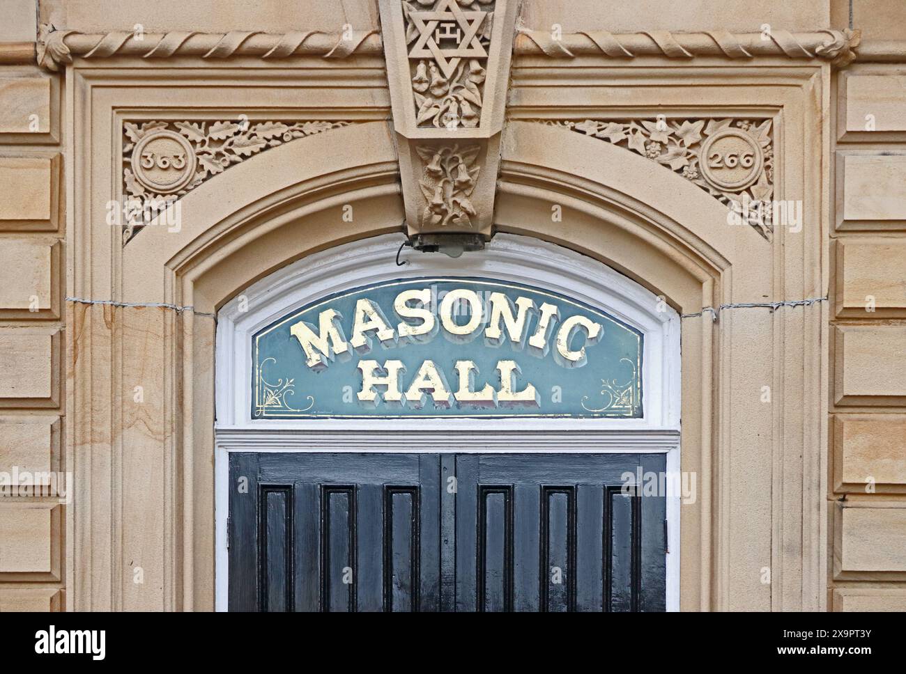Masonic Hall sign over entrance to Todmorden Masonic Hall Stock Photo ...