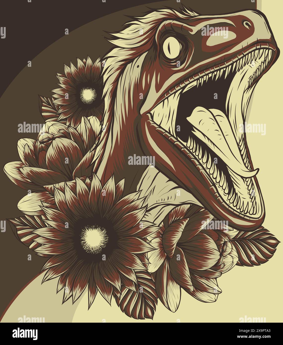 vector illustration of Velociraptor Dinosaur with flower Stock Vector ...