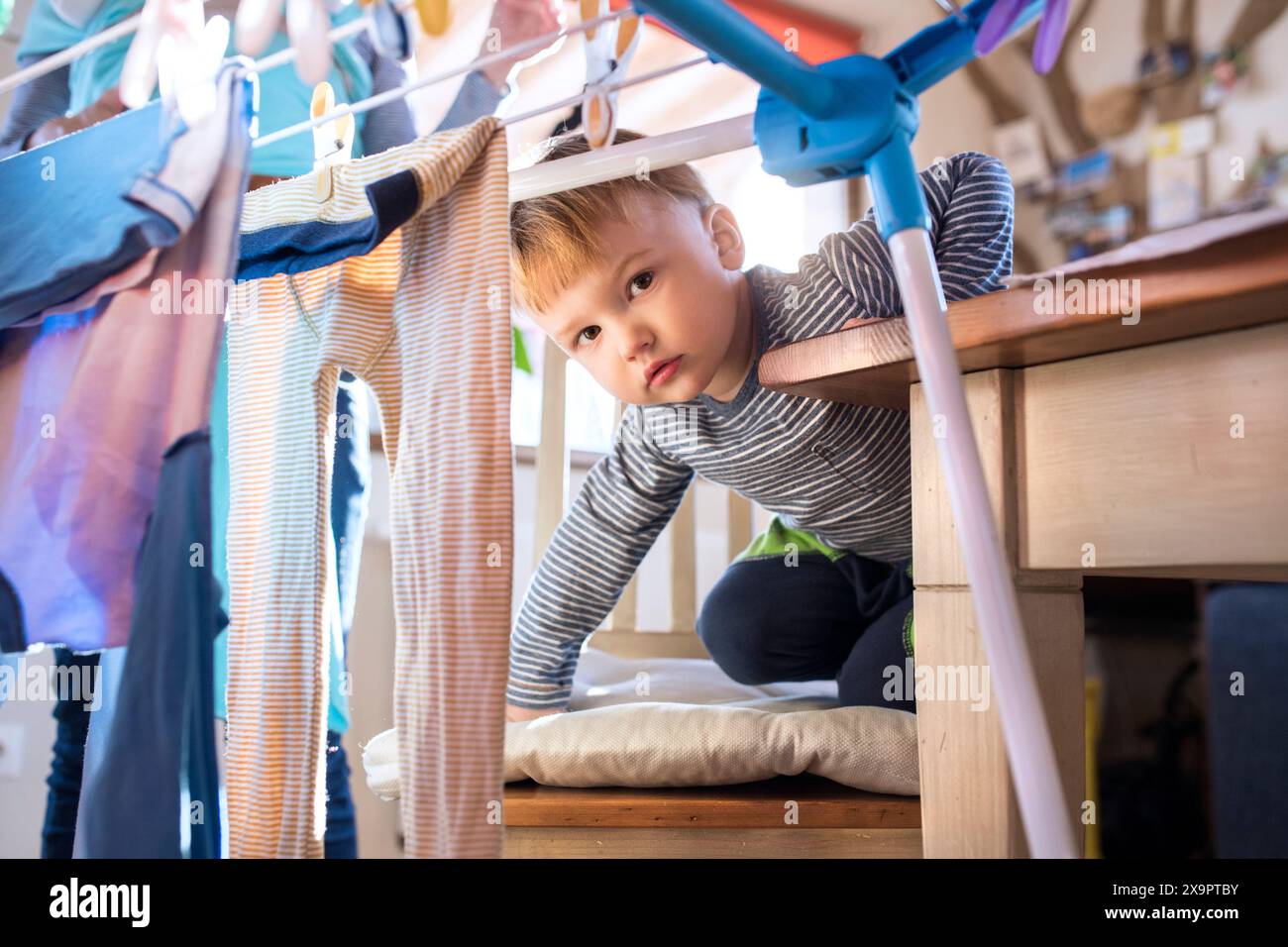 Young son helping mother with hosehold chores, hanging clothes on ...