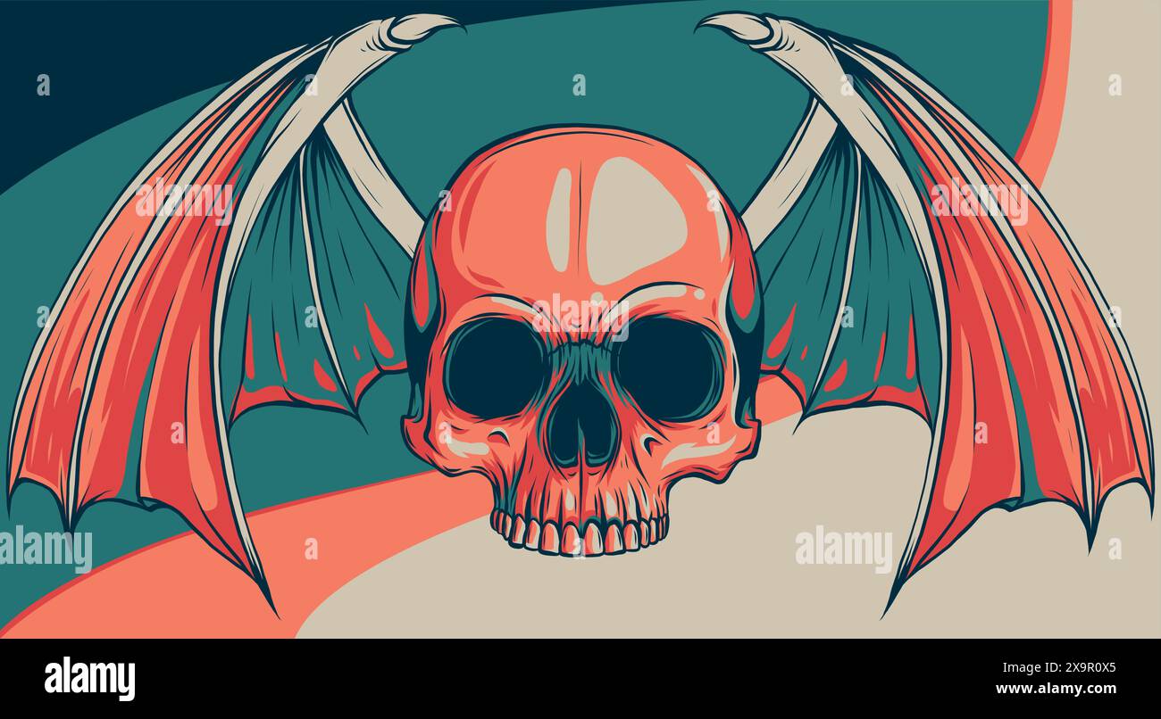 A winged skull bat or dragon wings in a vintage woodcut etched or ...