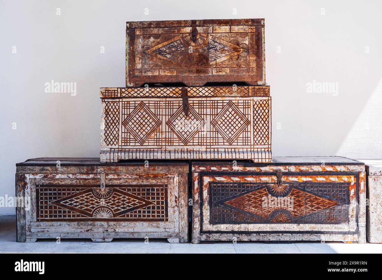 four vintage traditional antique Uzbek handmade wooden chests with a ...