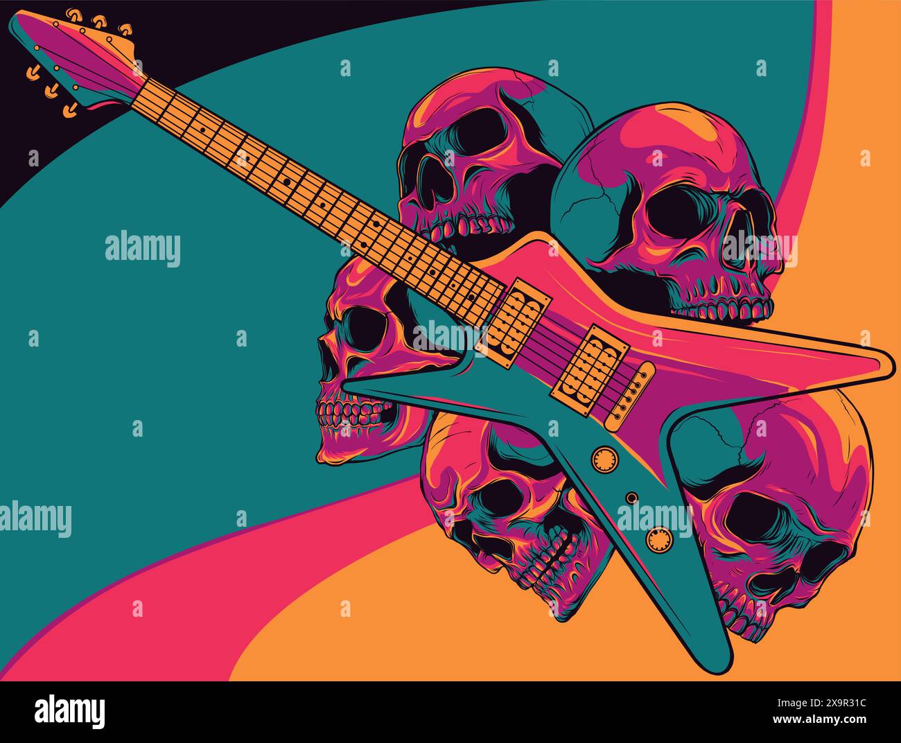Vector illustration of guitar with skulls on white background Stock ...