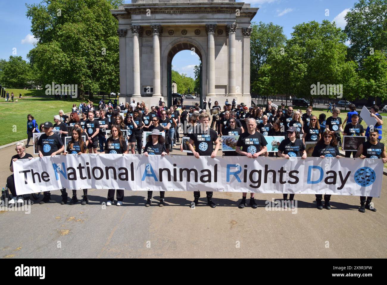 London, UK. 2nd June 2024. Animal rights activists gather with pictures ...