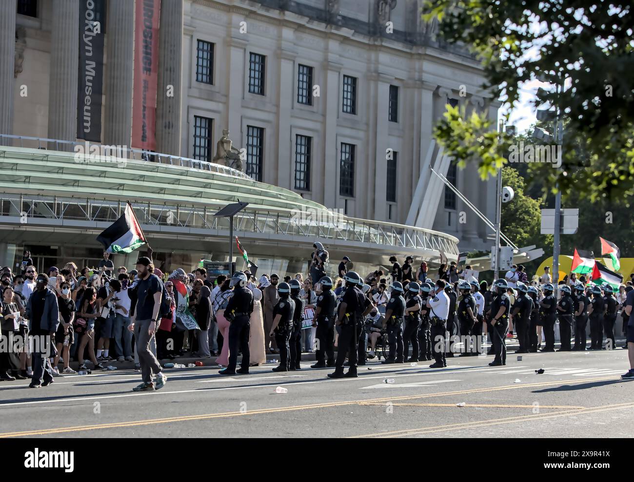 Brooklyn, NY - May 31 2024: NYPD police officers observe pro Palestine ...